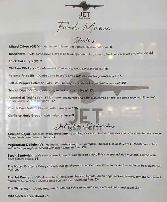Menu at Jet Bar Caffe, Sydney, Queen Victoria Building 455 George St