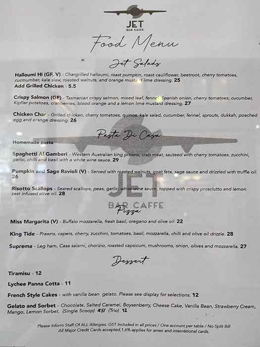 Menu at Jet Bar Caffe, Sydney, Queen Victoria Building 455 George St