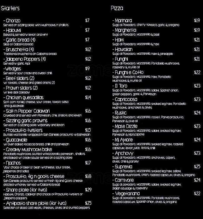 Toro Nero menu, Menu restauracji Toro Nero, Mona Vale, Sydney ...