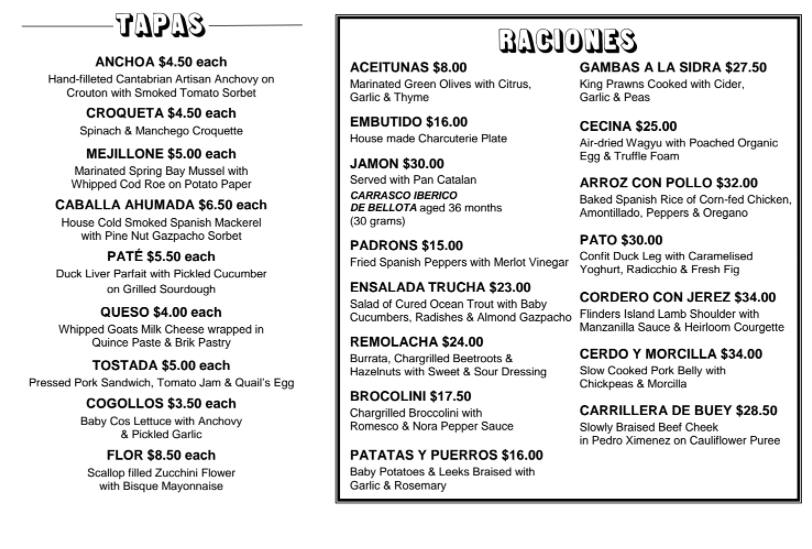 MoVida Bar De Tapas Menu, Menu untuk MoVida Bar De Tapas, Hosier Lane ...