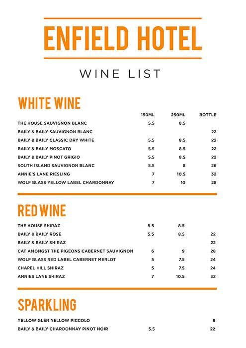 Menu at Enfield Hotel pub & bar, Clearview