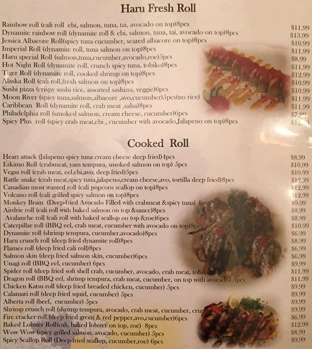 Menu at Sushi Haru restaurant, Airdrie