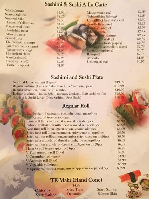 Menu at Sushi Haru restaurant, Airdrie