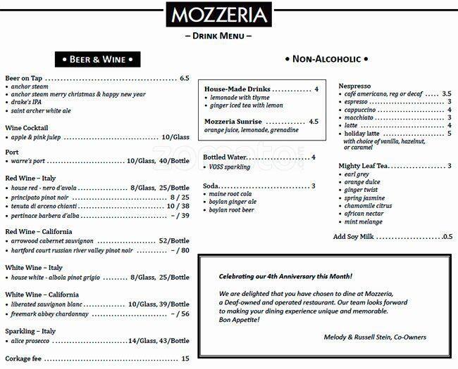Menu at Mozzeria SF pizzeria, San Francisco, 601 Mission Bay Boulevard ...