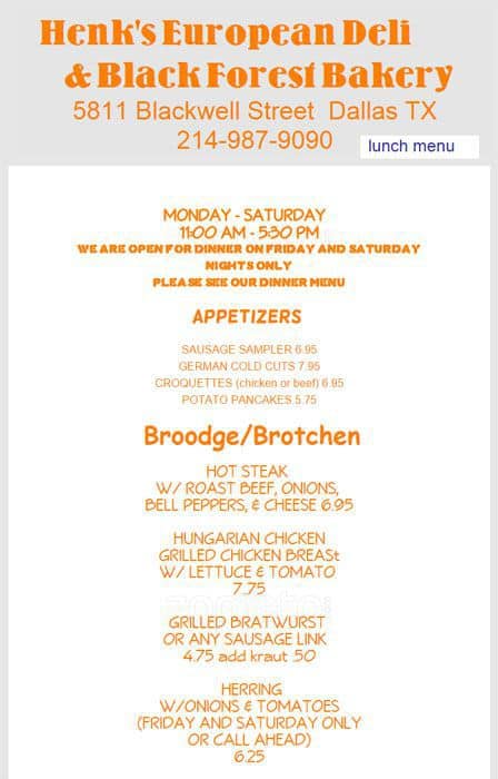 Menu at Henk's European Deli & Black Forest Bakery, Dallas
