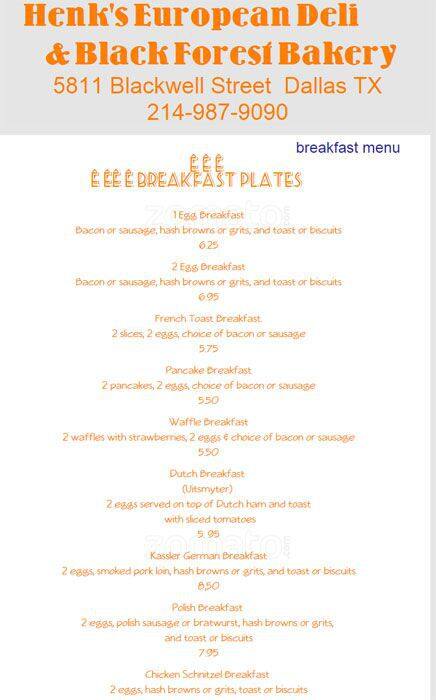 Menu at Henk's European Deli & Black Forest Bakery, Dallas