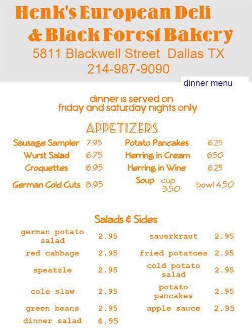 Menu at Henk's European Deli & Black Forest Bakery, Dallas