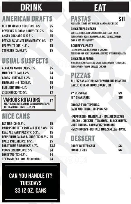 Menu at Scruffy Duffies pub & bar, Plano