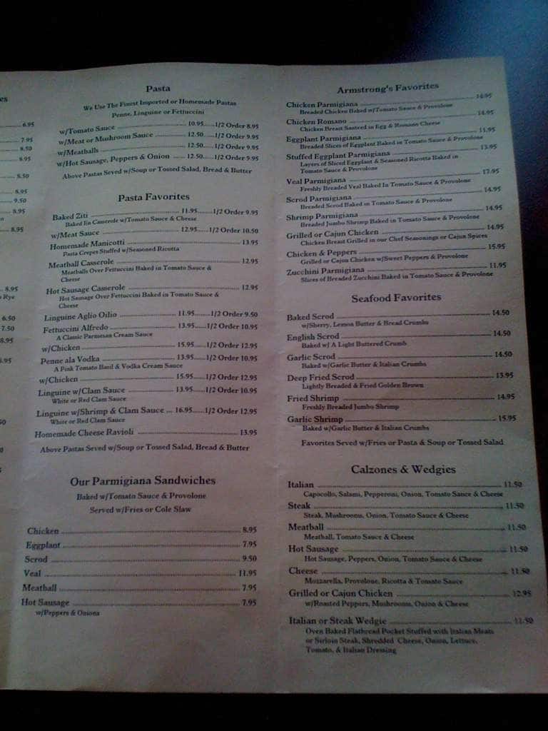 Menu at Armstrong's Express restaurant, Bridgeville