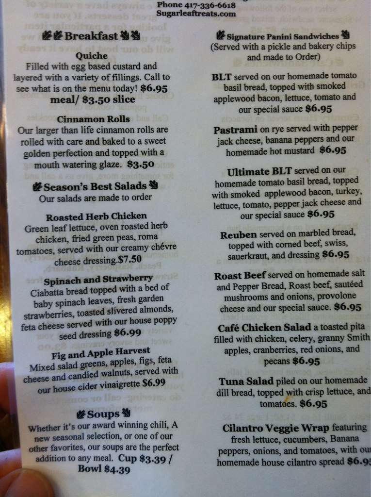 Menu at Sugar Leaf Treats, Branson, E State Highway 76