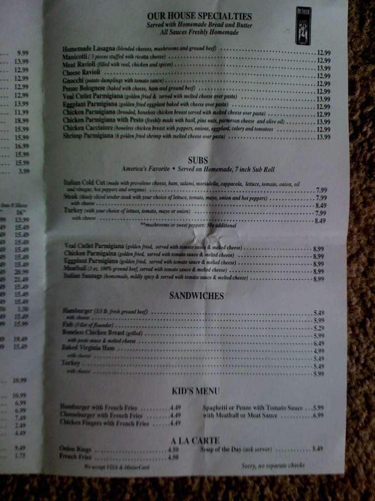 Menu at Trattoria Lombardi's Restaurant, Ocean City