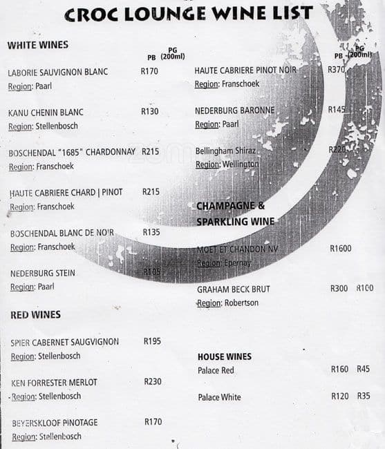 Menu at Crocodile Lounge Sun City restaurant, Sun City