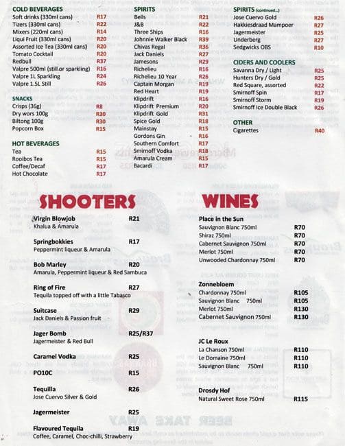 Menu at Crocodile Lounge Sun City restaurant, Sun City