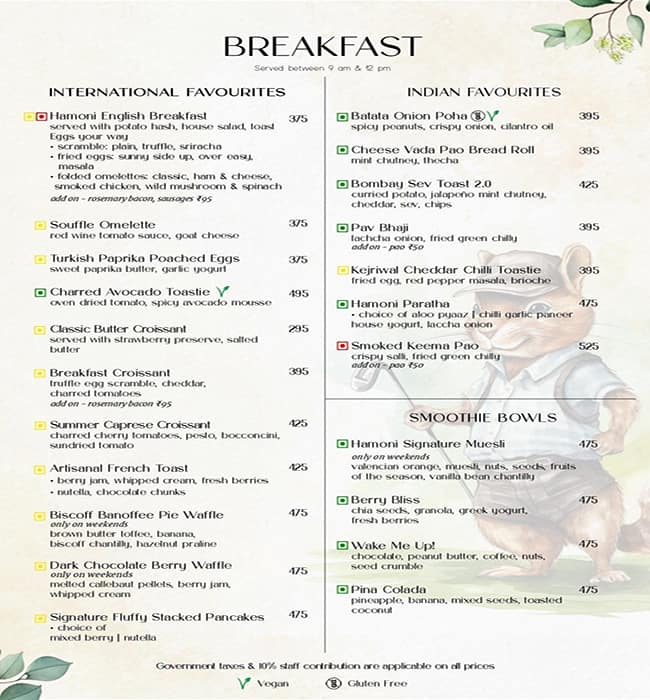 Menu of Hamoni : Cafe By The Greens, Sector 23, Gurgaon