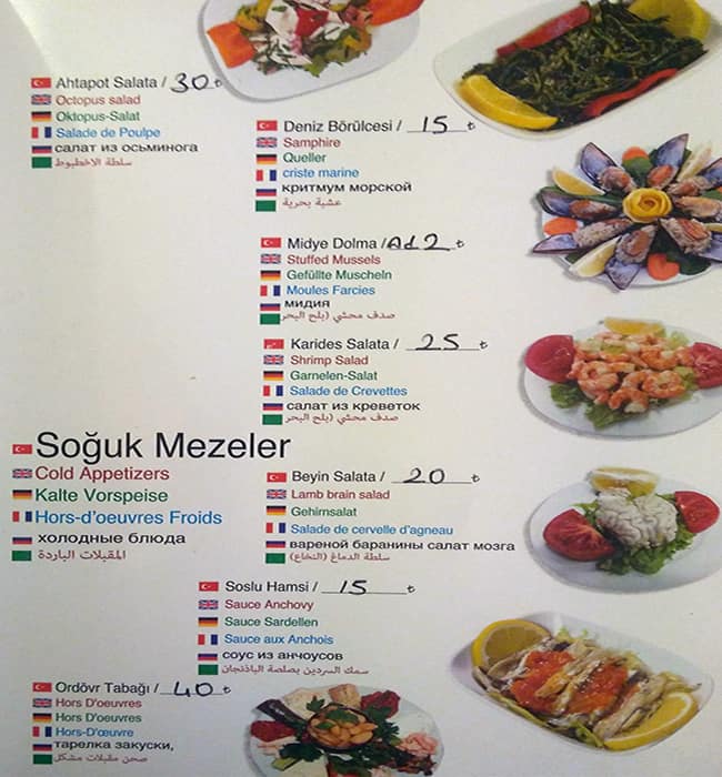 Menu at Vesta Restaurant, Istanbul, Balik Pazari