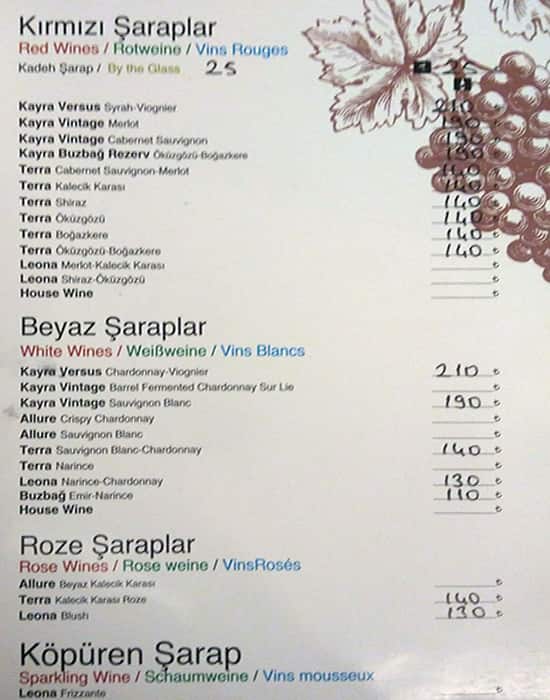 Menu at Vesta Restaurant, Istanbul, Balik Pazari