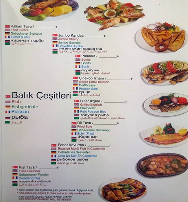 Menu at Vesta Restaurant, Istanbul, Balik Pazari