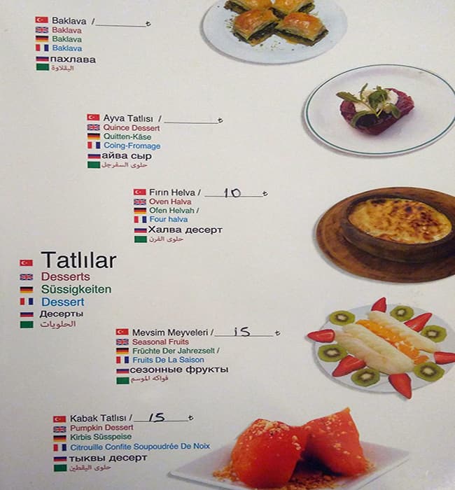 Menu at Vesta Restaurant, Istanbul, Balik Pazari