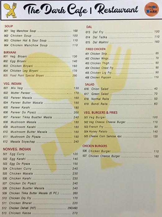 Menu of The Dark Cafe Restaurant, Fraser Road Area, Patna