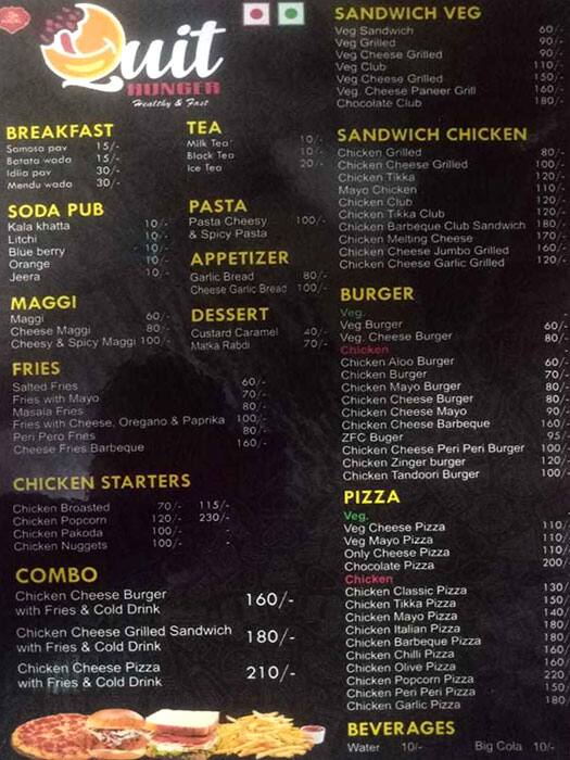Menu of Quit Hunger, Mumbai CST Area, Mumbai