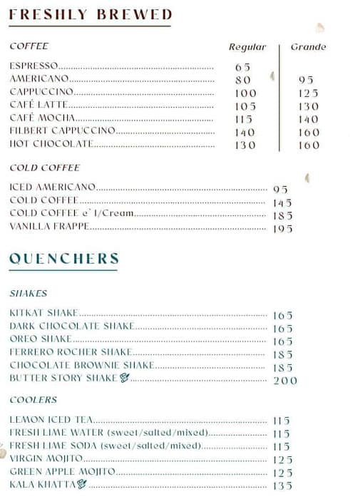 Menu at Butter Story, Lucknow