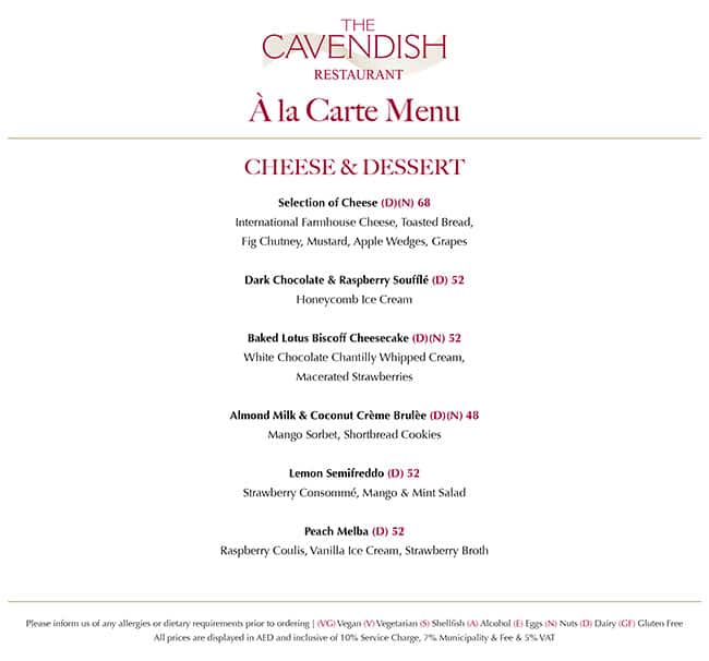 Menu at The Cavendish Restaurant, Dubai