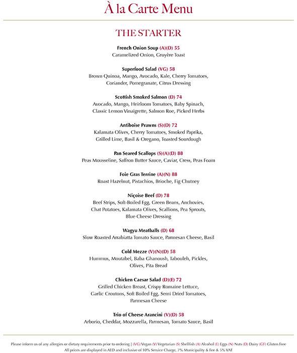 Menu at The Cavendish Restaurant, Dubai