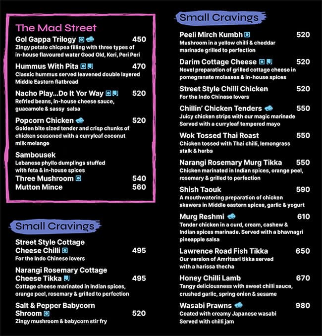 Menu of Mad House, 4 Bungalows, Mumbai
