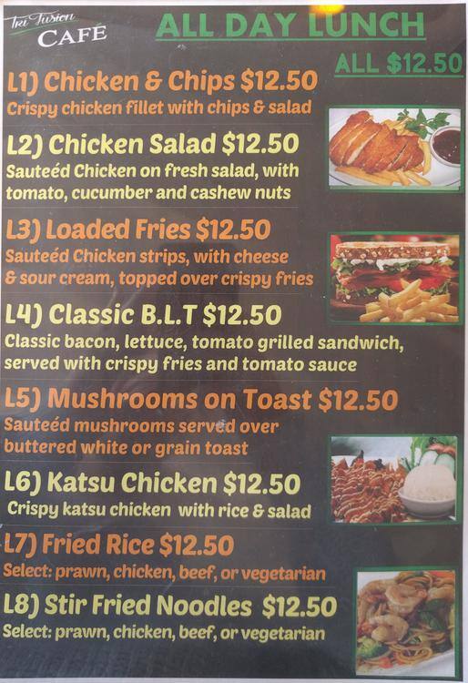 Menu at Tri Fusion Cafè and Bar, Auckland