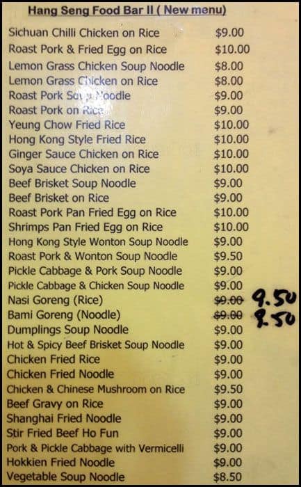 Menu at Hang Seng Food Bar, Christchurch