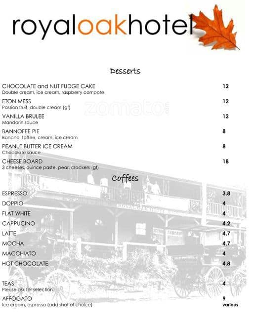 Menu at Royal Oak Hotel pub & bar, Clarendon