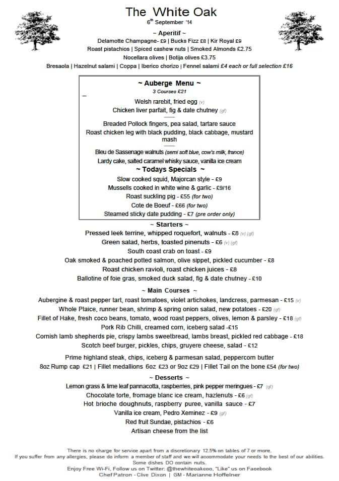 White Oak Menu, Menu for White Oak, Windsor and Maidenhead, South East ...