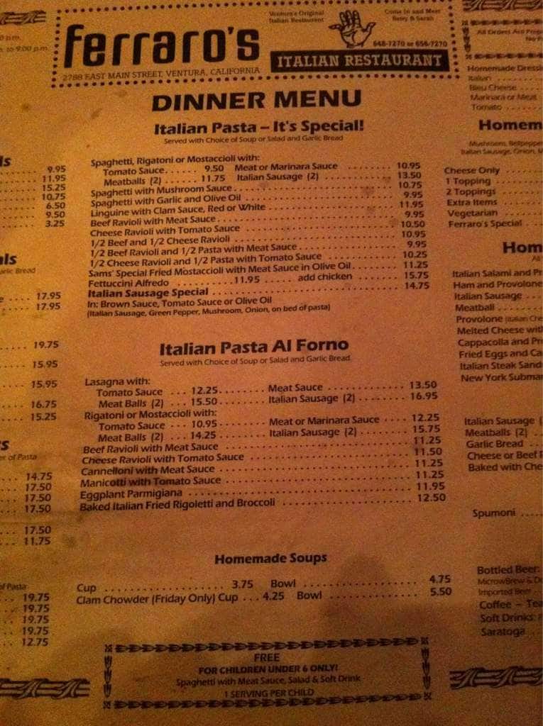 Menu at Ferraro's pizzeria, Ventura
