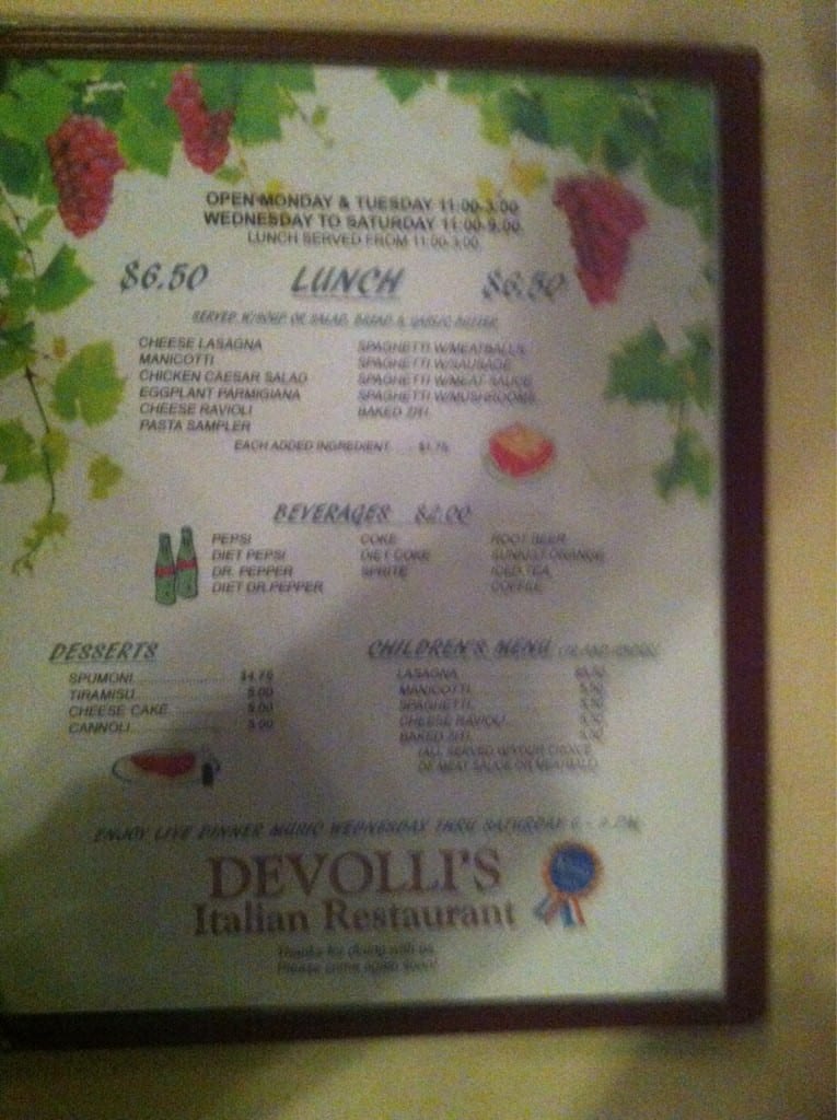 Menu at Devolli's Italian Restaurant, Denison