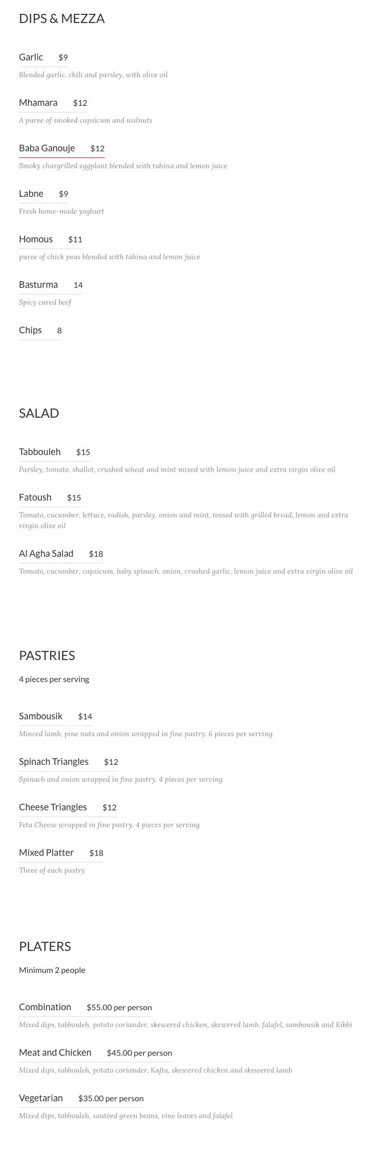 Menu at Al Agha Lebanese Cuisine restaurant, Parramatta