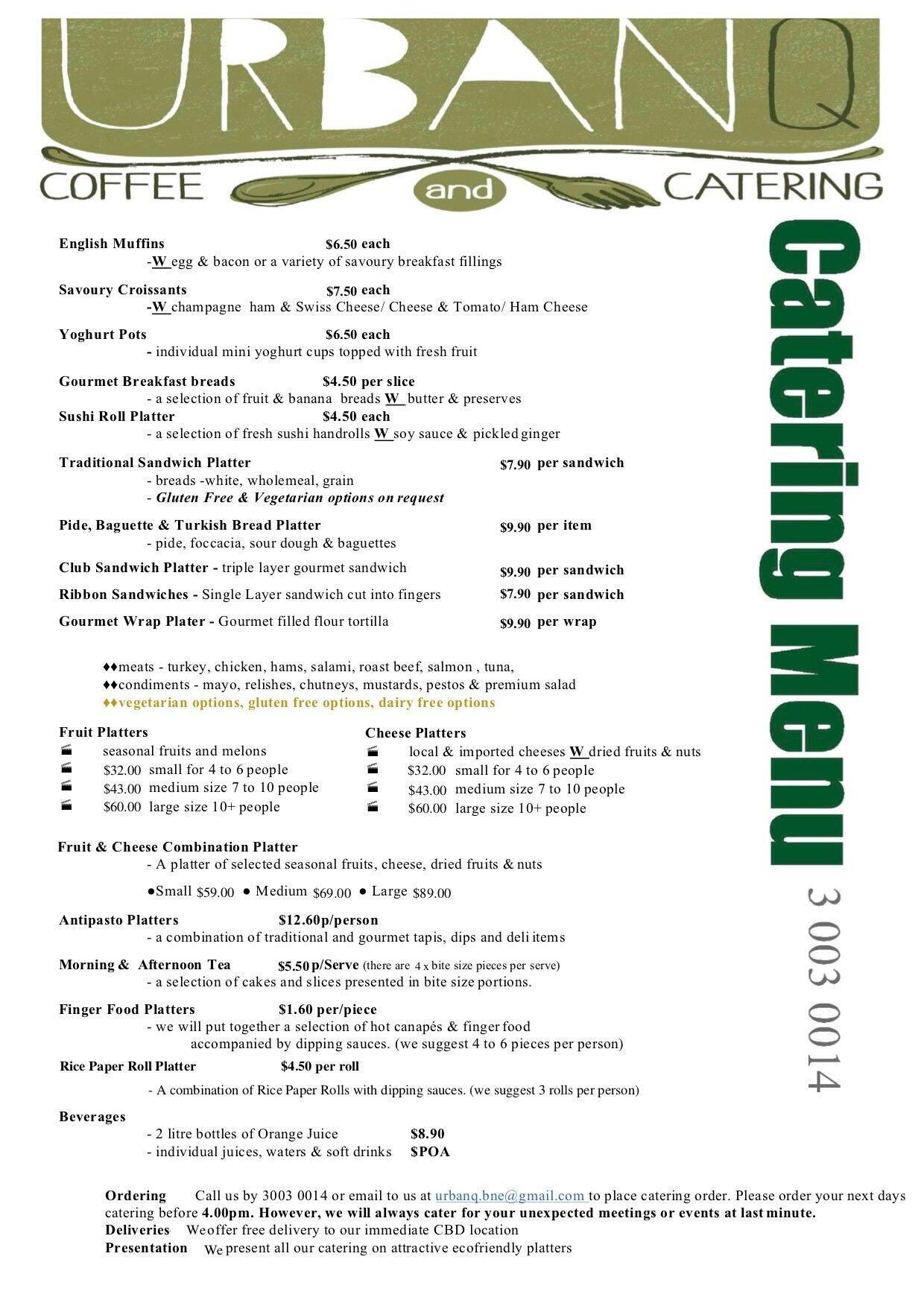 Menu at Urban Q Coffee and Catering cafe, Brisbane City