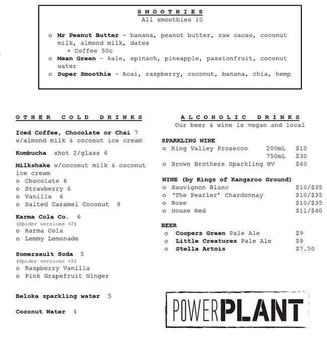 Menu at Power Plant Cafe, Templestowe