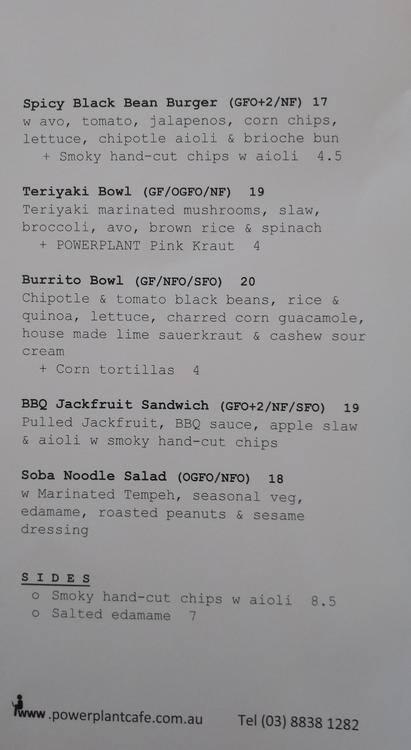 Menu at Power Plant restaurant, Templestowe