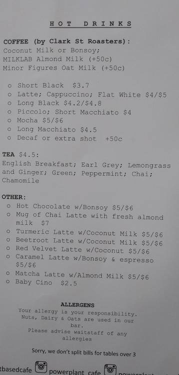 Menu at Power Plant restaurant, Templestowe