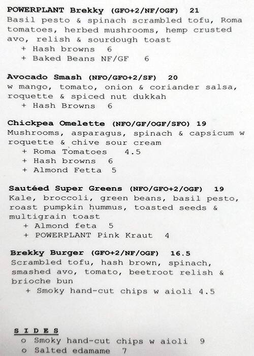 Menu at Power Plant restaurant, Templestowe