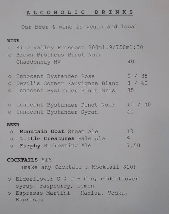 Menu at Power Plant restaurant, Templestowe