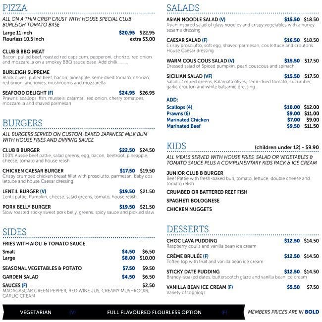 Menu at Club Burleigh, Burleigh Heads