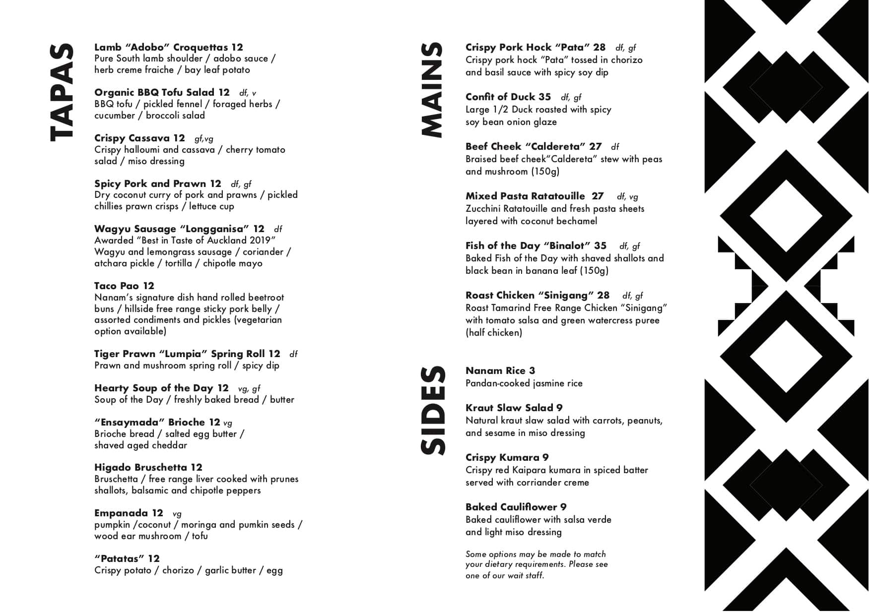 Menu at Nanam Eatery restaurant, Auckland, 178 Hurstmere Rd