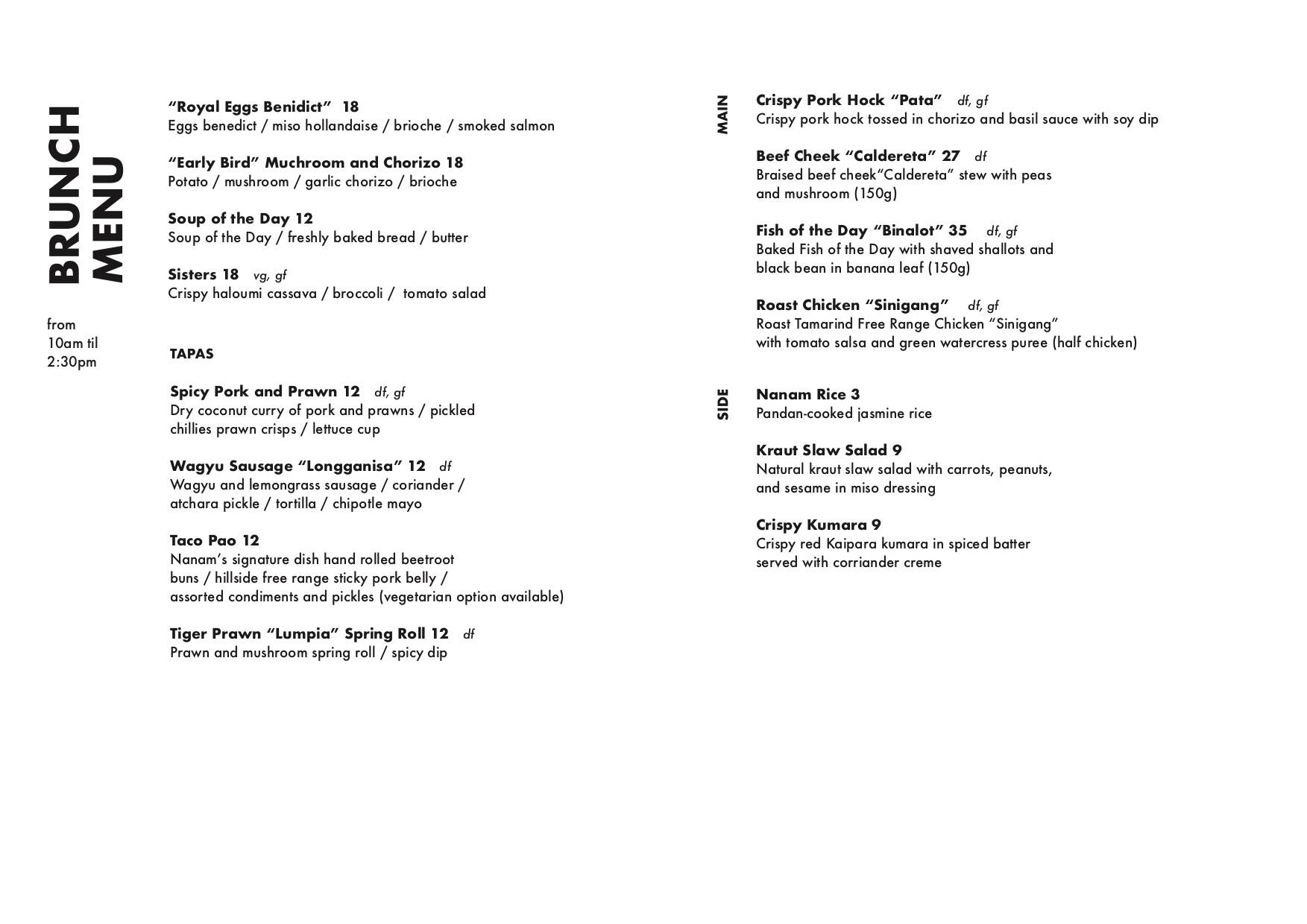 Menu at Nanam Eatery restaurant, Auckland, 178 Hurstmere Rd