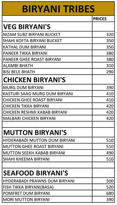 Menu of Biryani Tribes, Marol, Mumbai