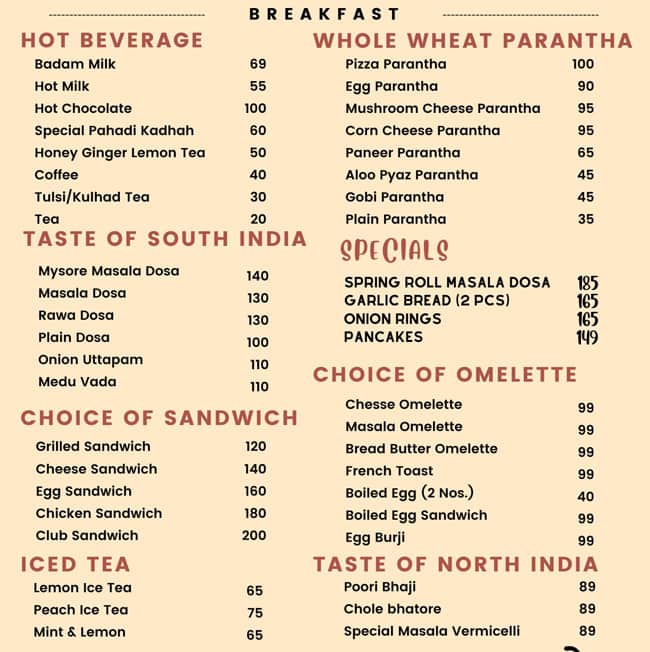 Menu at The Pahadi House, Dehradun