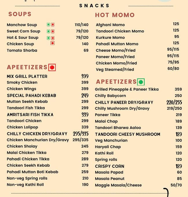 Menu at The Pahadi House, Dehradun