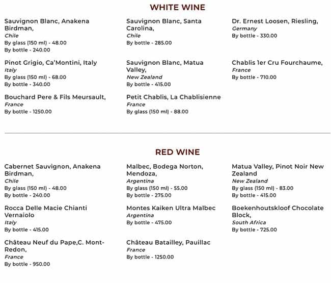 Menu at Sloane's restaurant, Dubai