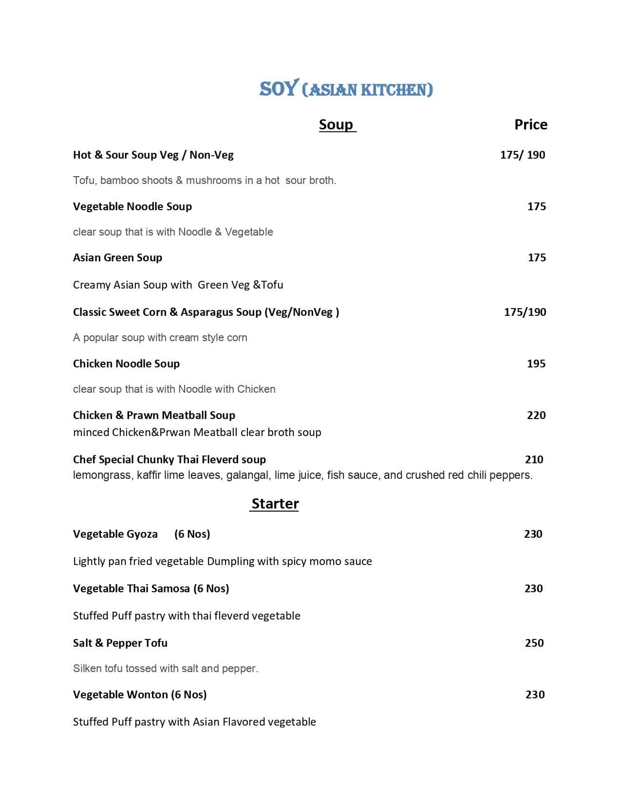 Menu of Soy Asian Kitchen, Koramangala 8th Block, Bangalore