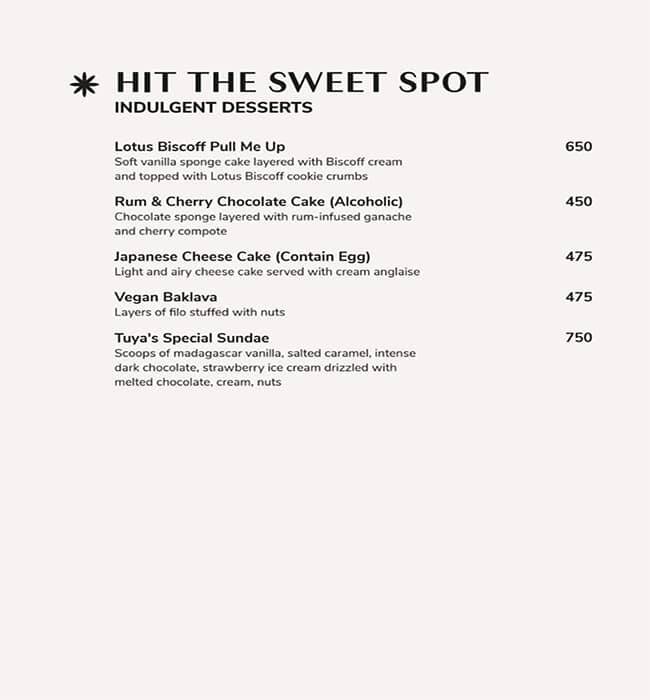 Menu of Tuya's, Juhu, Mumbai